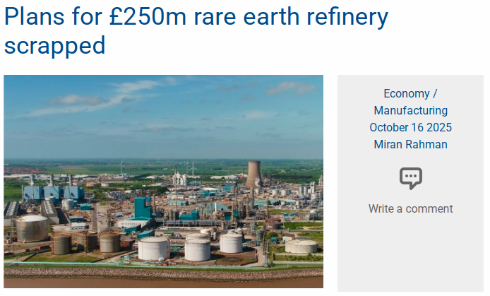 Plans for £250 Million Rare Earth Refinery Scrapped